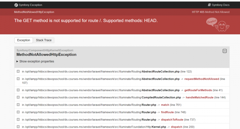 Laravel Error: The GET method is not supported for route /. Supported methods: HEAD. - DevSecOps ...