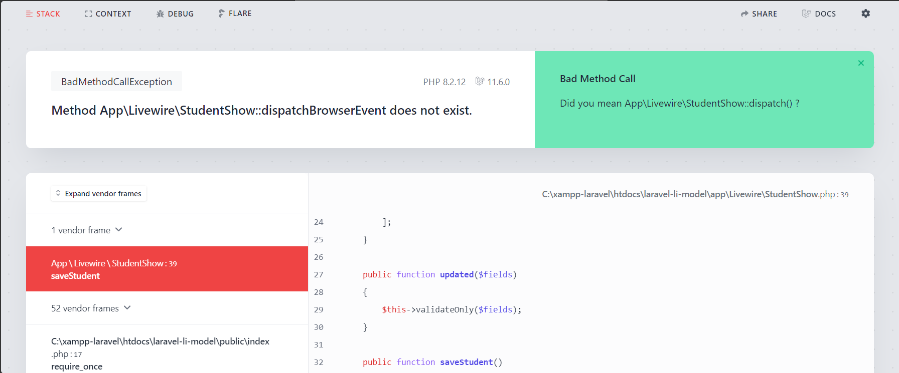 Method App\Livewire\StudentShow::dispatchBrowserEvent does not exist. - DevSecOps Now!!!