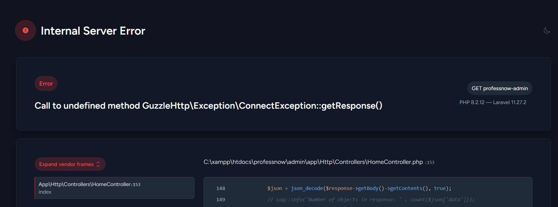 Call to undefined method GuzzleHttp\Exception\ConnectException::getResponse() - DevSecOps Now!!!
