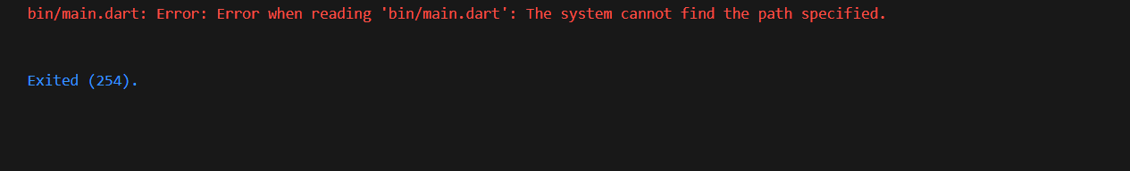 bin/main.dart: Error: Error when reading 'bin/main.dart': The system cannot find the path ...